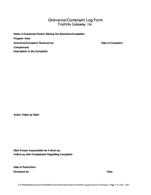 Fillable Online foothillsgateway GrievanceCompaint Log Form Fax Email ...