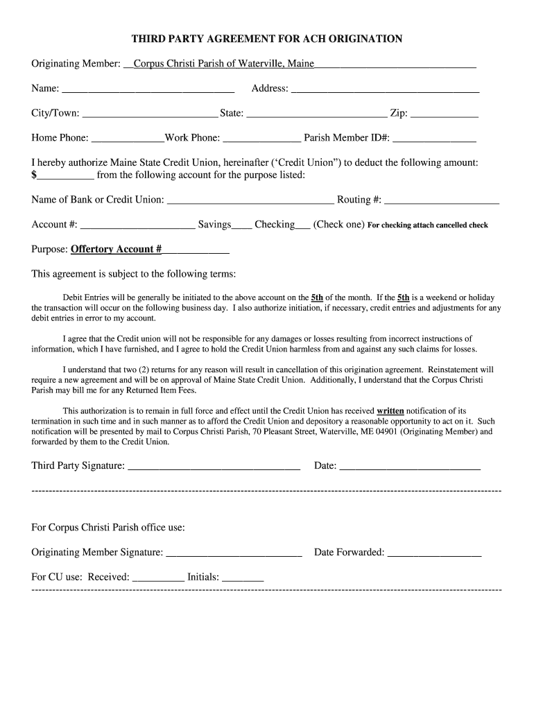 Fillable Online corpuschristimaine THIRD PARTY Agreement For Ach ...