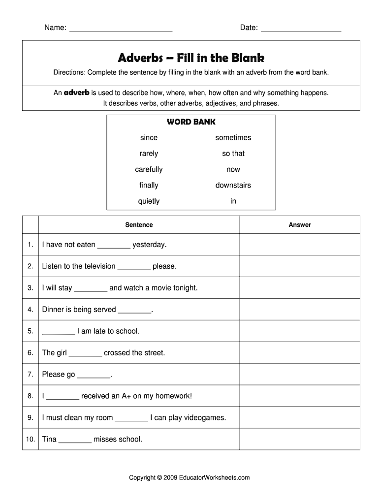 Fillable Online Adverbs Fill in the Blank - Math Science Fax Email ...