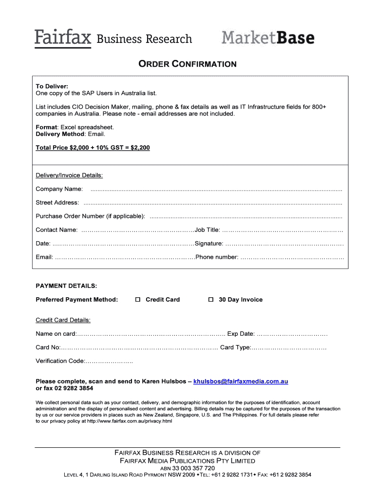 Fillable Online Sap Users in AustraliaOrder Confirmation Form Fax Email ...