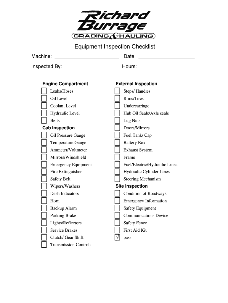 Fillable Online Equipment Inspection Checklist - rburrageinccom Fax ...