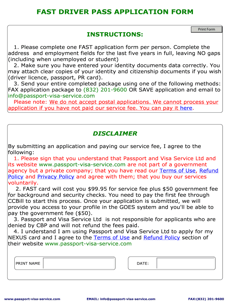 Fillable Online FAST DRIVER PASS APPLICATION FORM - Passport Visa ...