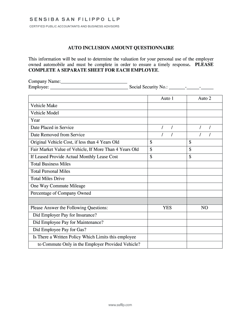 Fillable Online AUTO INCLUSION AMOUNT QUESTIONNAIRE Fax Email Print ...