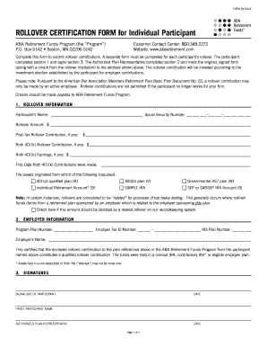 Fillable Online ROLLOVER CERTIFICATION FORM for Individual Participant ...