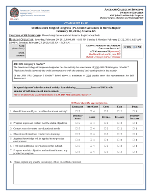 Fillable Online EVALUATION FORM Southeastern Surgical Congress PG ...