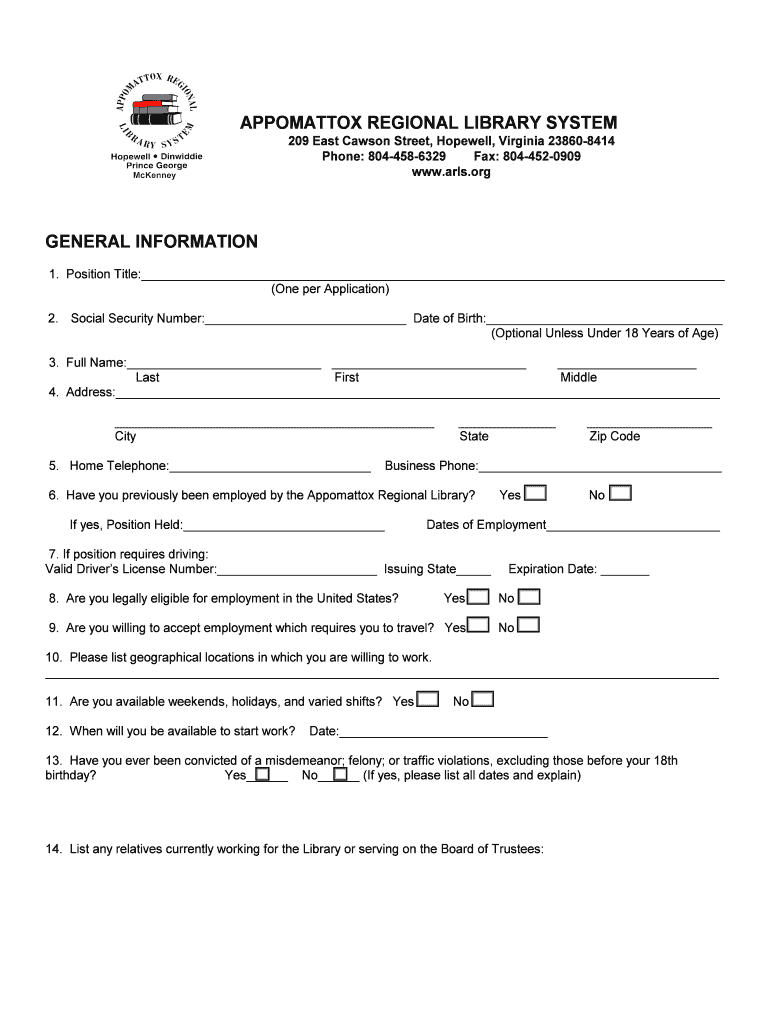 Fillable Online APPOMATTOX REGIONAL LIBRARY SYSTEM Fax Email Print ...