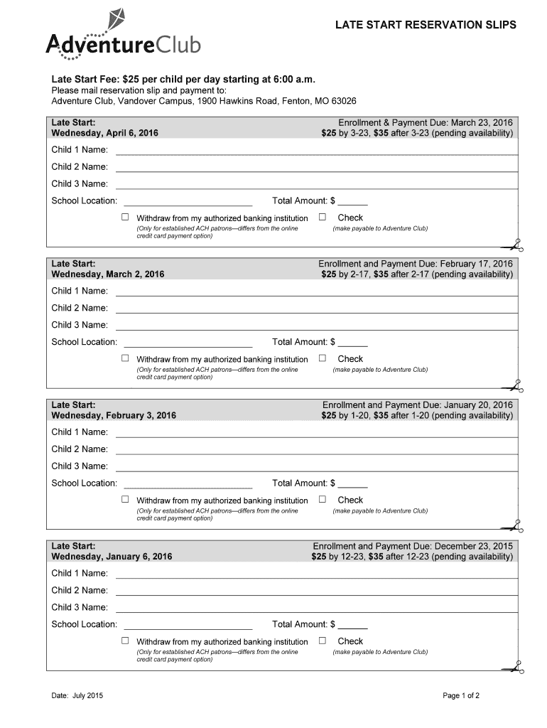 Fillable Online prcommunityed LATE START RESERVATION SLIPS Fax Email Print - pdfFiller