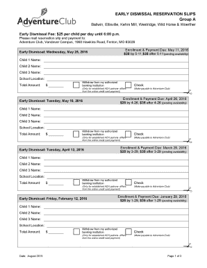 Fillable Online prcommunityed EARLY DISMISSAL RESERVATION SLIPS Fax Email Print - pdfFiller