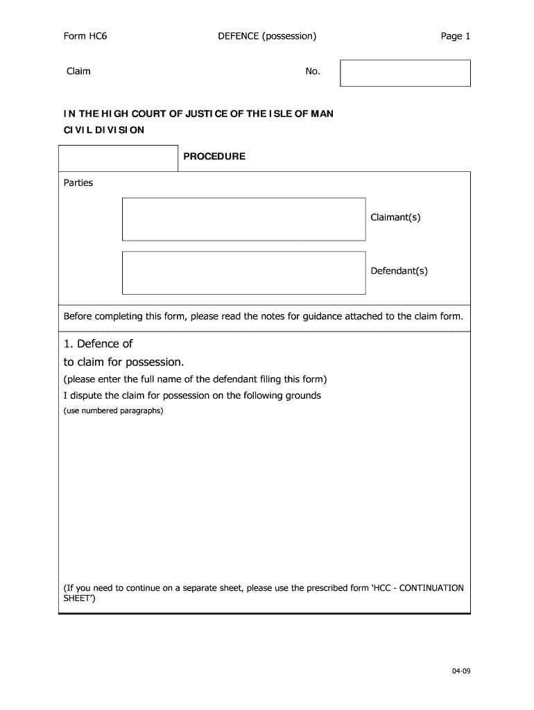 Fillable Online HC6 Possession Defence Fax Email Print - pdfFiller