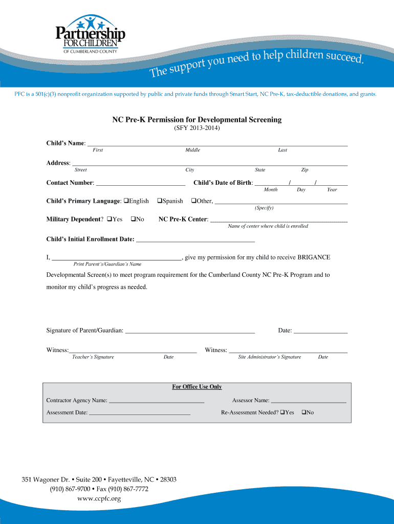 Fillable Online NC Pre-K Permission for Developmental Screening Fax ...