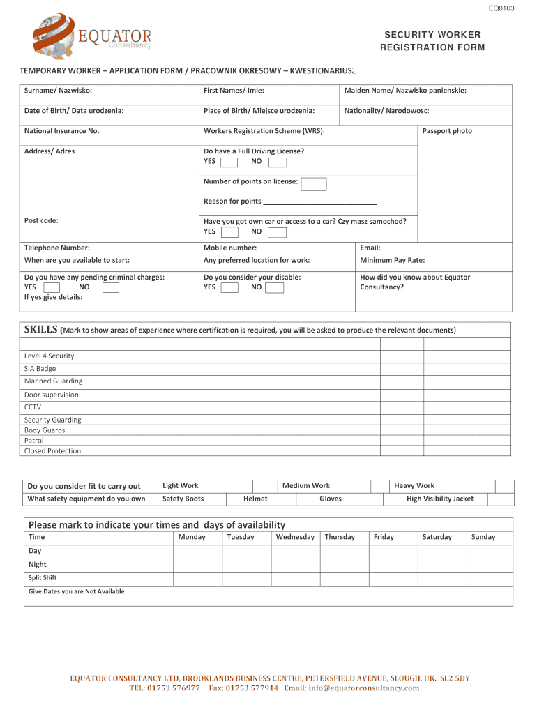 Fillable Online SECURITY WORKER Fax Email Print - pdfFiller
