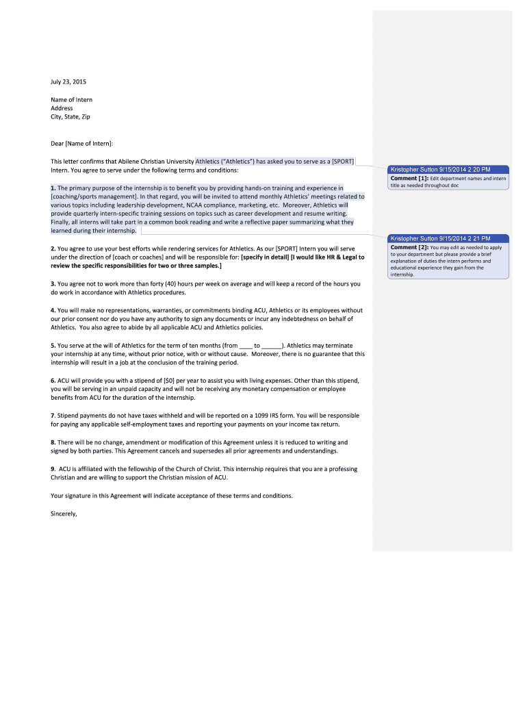 Fillable Online acu Interns Agreement Templatedoc - acu Fax Email Print - pdfFiller