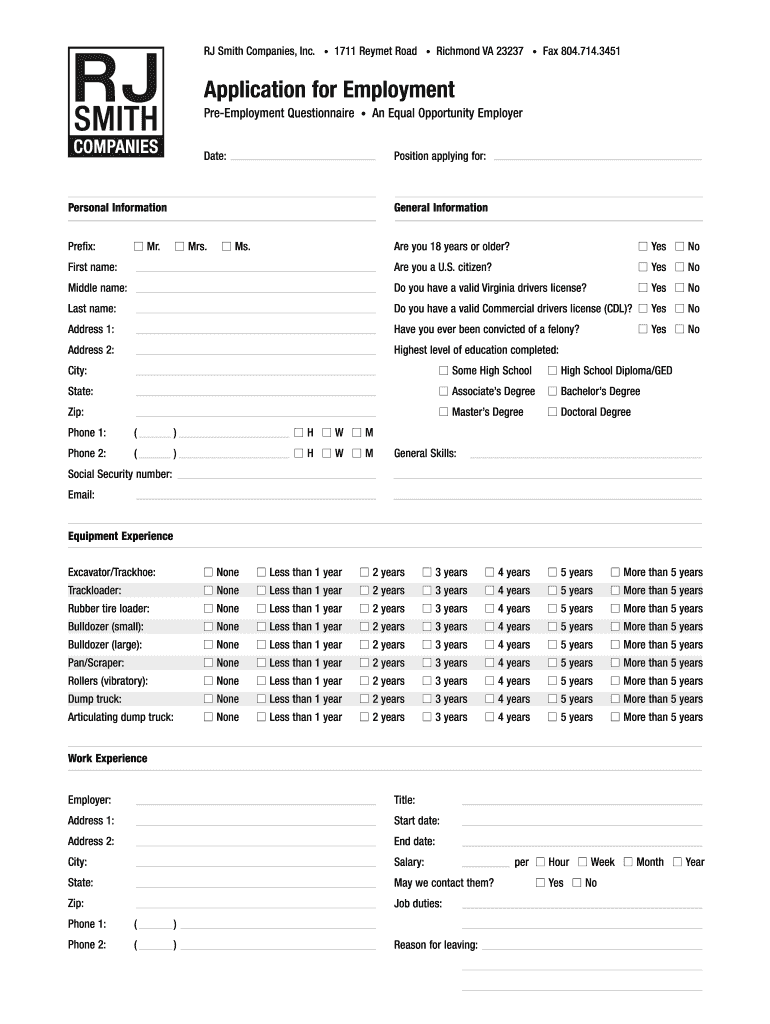 Fillable Online RJ Smith Employment Application Fax Email Print - pdfFiller