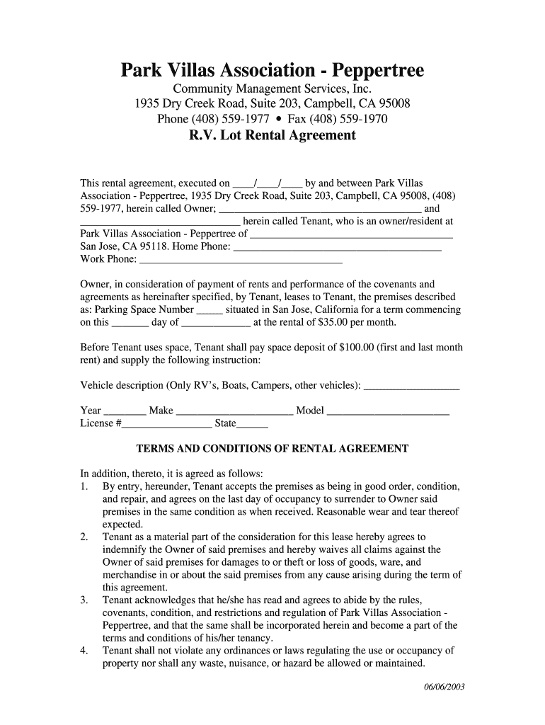 Fillable Online Rv Lot rental agreementPDF Fax Email Print - pdfFiller