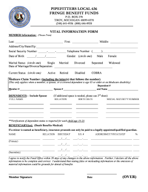 Fillable Online VITAL INFORMATION FORM - BeneSys Inc - Benefit Fax ...