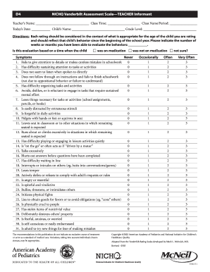 Fillable Online D4 NICHQ Vanderbilt Assessment ScaleTEACHER Informant ...