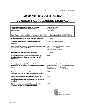 Fillable Online northwarks gov Premises Licence No ATPRCV9 1AU0580716 ...