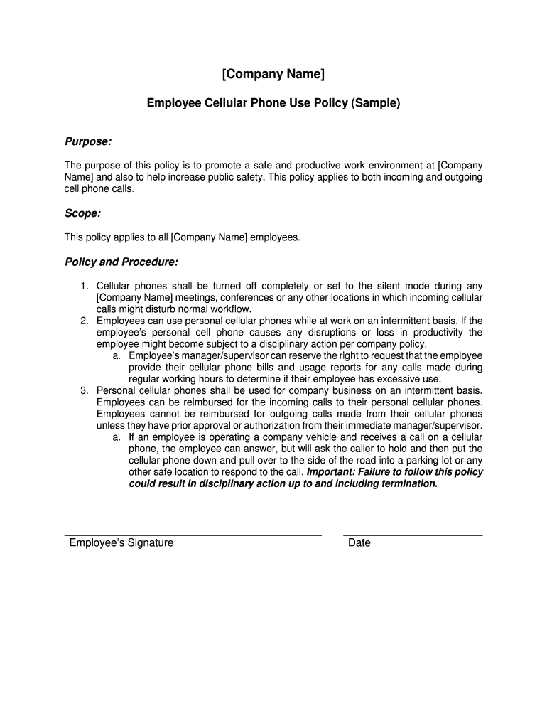 Fillable Online Employee Cellular Phone Use Policy (Sample) Fax Email ...