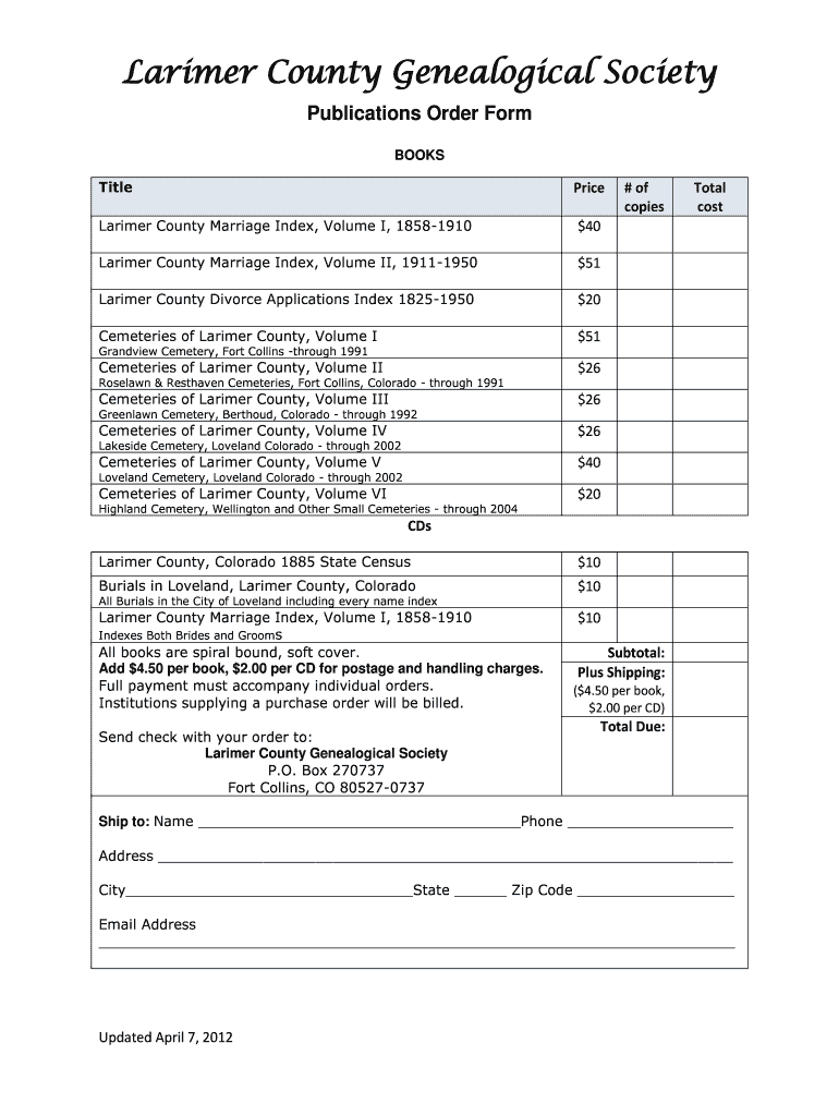 Fillable Online Larimer County Genealogical Society Fax Email Print - pdfFiller