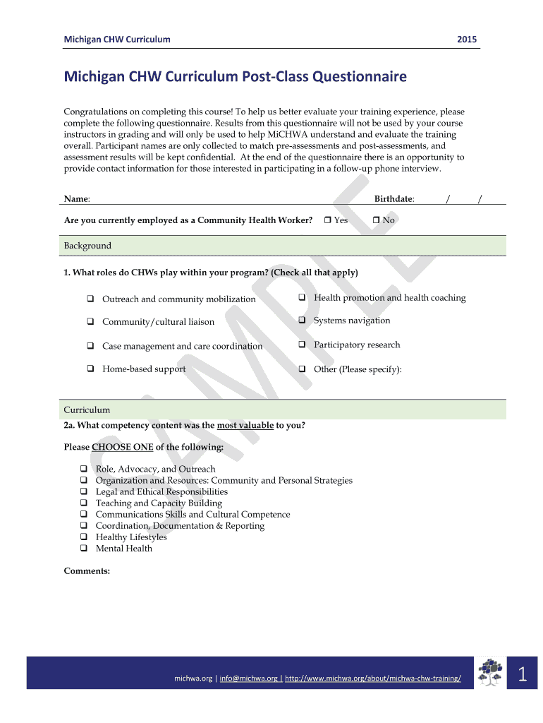 Fillable Online michwa Michigan CHW Curriculum 2015 Michigan CHW ...