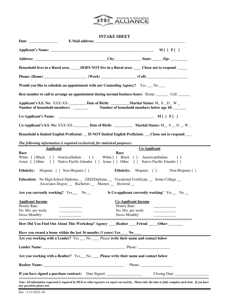 Homeownership Counseling Intake Form - Blank Fillable Template | Fill ...