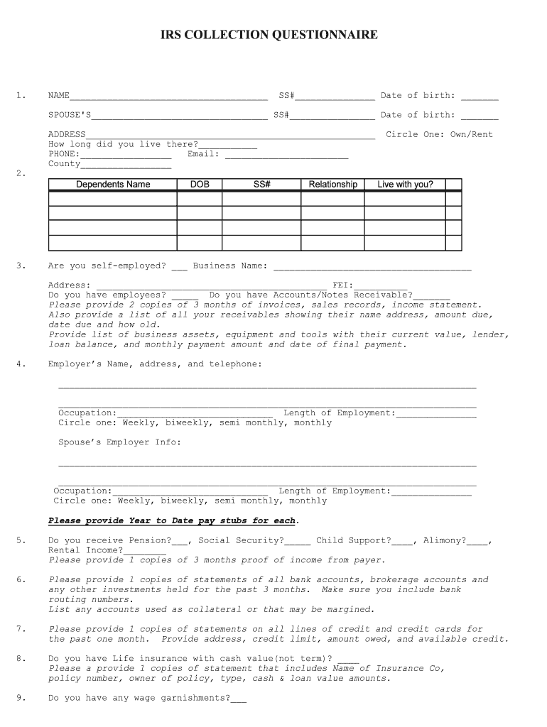 Fillable Online actionaccounting IRS COLLECTION QUESTIONNAIRE - Action ...