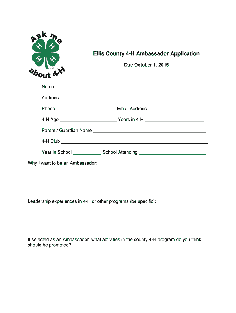 Fillable Online ellis k-state Ellis County 4-H Ambassador Application Fax Email Print - pdfFiller