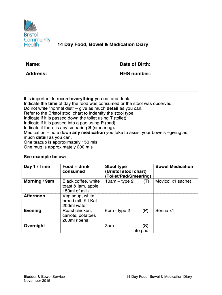 Fillable Online 14 Day Food, Bowel & Medication Diary Fax Email Print ...