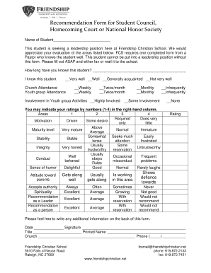 Fillable Online Recommendation Form for Student Council Homecoming ...