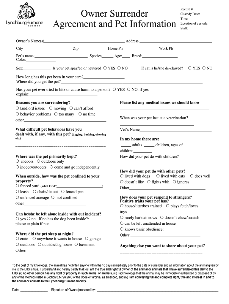 Fillable Online Owner Surrender Agreement and Pet Information Location ...