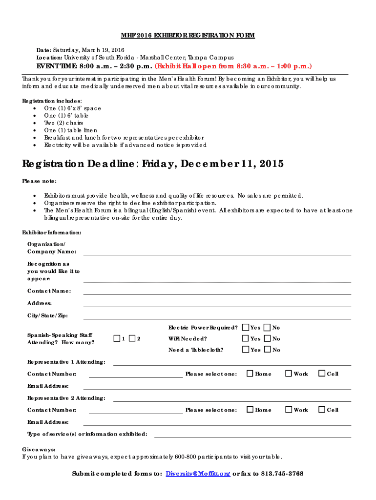 Fillable Online 2016 Mhf Exhibitor Registration Form Fax Email Print - pdfFiller