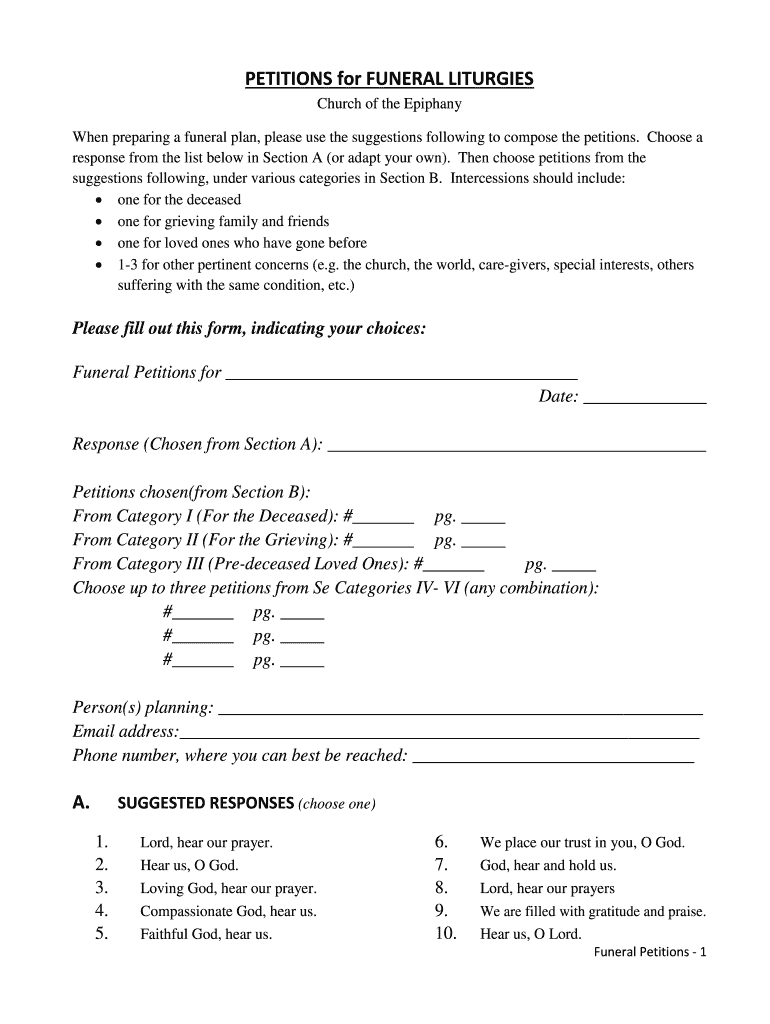 Fillable Online PETITIONS for FUNERAL LITURGIES - Church of Epiphany ...