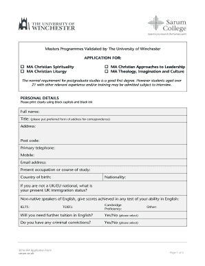 Fillable Online sarum ac 2016-17 MA Application Form - sarumacuk ...