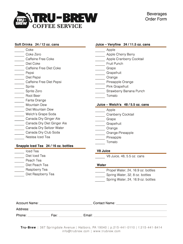 Fillable Online Beverages Order Form - Tru-Brew Coffee Service Fax ...