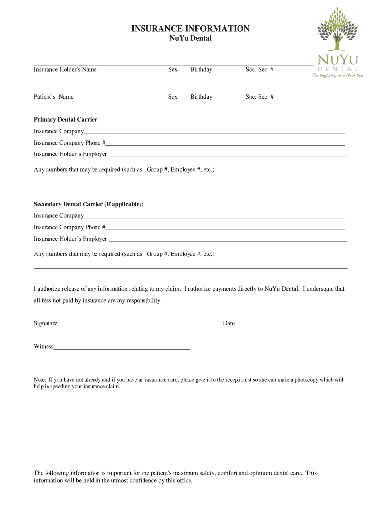 Fillable Online Insurance Information Form. Insurance Information Form ...