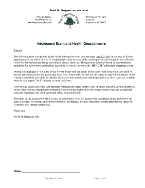 Fillable Online Adolescent Exam and Health Questionnaire - The ...