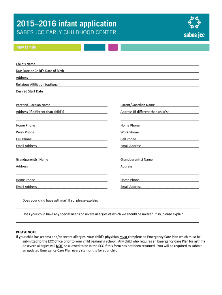 Fillable Online 2015-2016 Infant Application PDF - Sabes JCC Fax Email ...