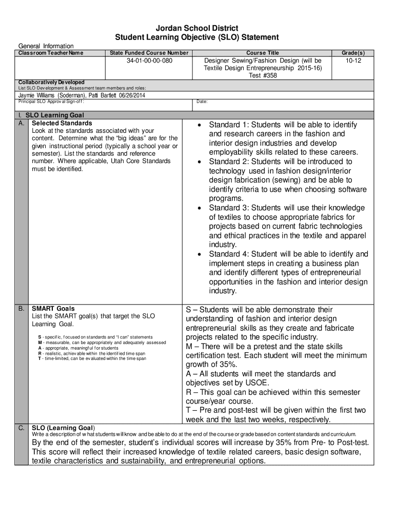 Fillable Online jordancte Student Learning Objective (SLO) Statement ...