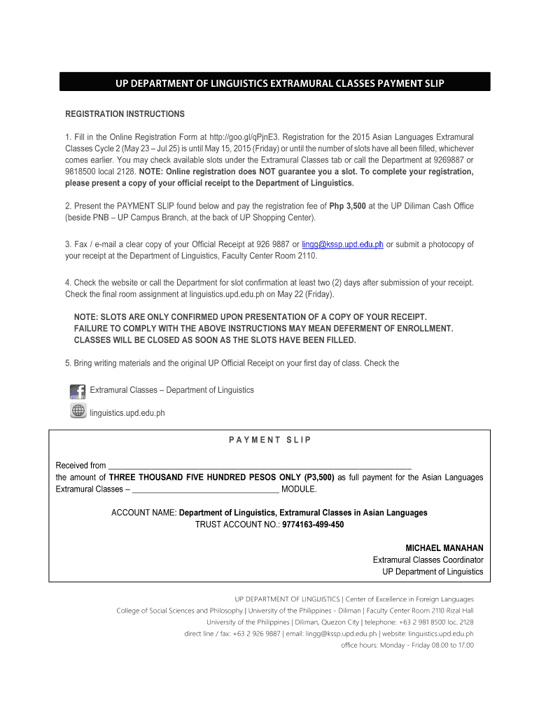 Fillable Online 2015 Extramural Classes bPaymentb Slip Cycle 2 - UP Department of bb Fax Email ...