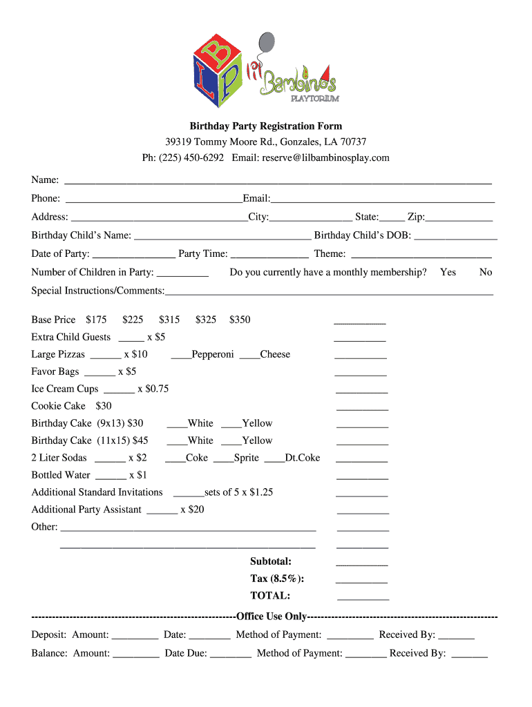 Fillable Online Birthday Party Registration bFormb 39319 Tommy Moore Rd ...