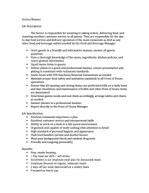 Fillable Online Server/Runner Job Description - Zion Ponderosa Ranch ...