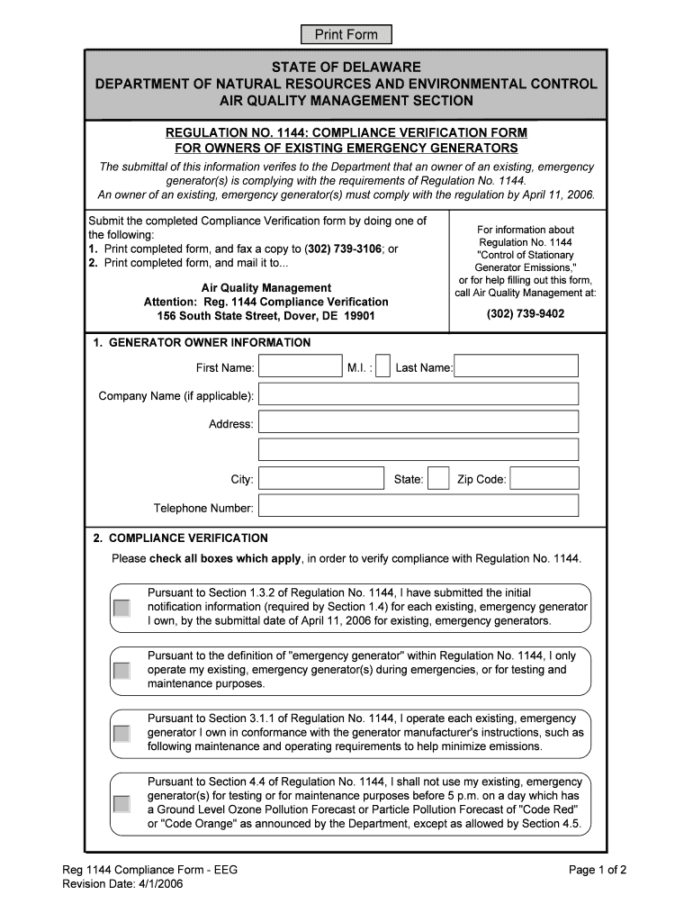 Fillable Online dnrec delaware 1144 COMPLIANCE VERIFICATION FORM Fax ...