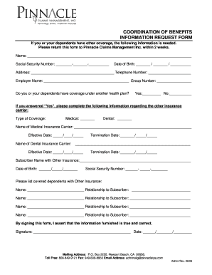 Fillable Online COORDINATION OF BENEFITS INFORMATION REQUEST FORM ...