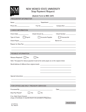 Fillable Online af nmsu NEW MEXICO STATE UNIVERSITY Stop Payment Request Fax Email Print - pdfFiller