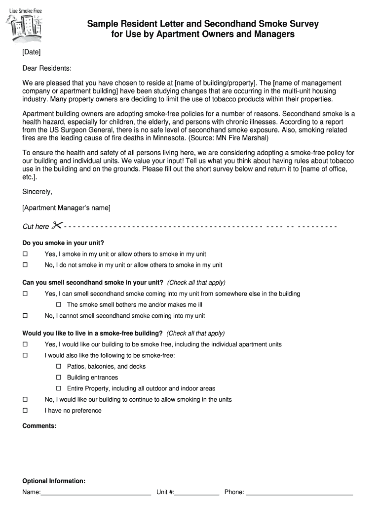 Fillable Online Sample Resident Letter and Secondhand Smoke Survey Fax ...