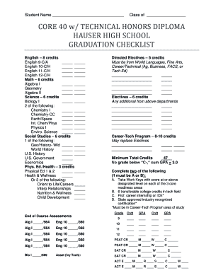 Fillable Online CORE 40 w TECHNICAL HONORS DIPLOMA HAUSER HIGH SCHOOL ...