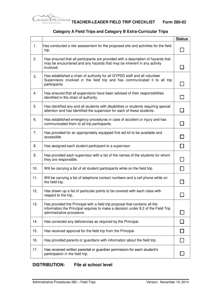 Fillable Online docushare gypsd AP 260 Form 260-02 Teacher Leader Field Trip Checklist A-B Fax ...