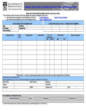 Fillable Online finserv uwa edu FINANCIAL DELEGATIONS AUTHORISED ...