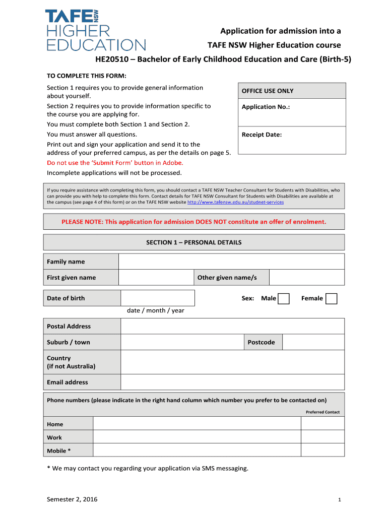 Fillable Online tafensw edu 20510 Application form for Bachelor of ...