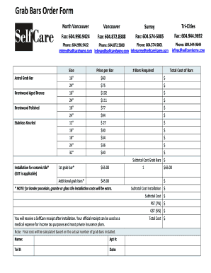 Fillable Online Grab Bar Order Form - SelfCare Home Health Products Fax ...
